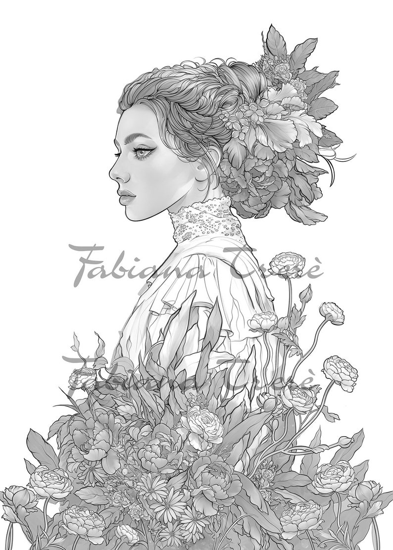 Edwardian Girl, Grayscale, Line Art Digital Stamp, Coloring Page, Line ...