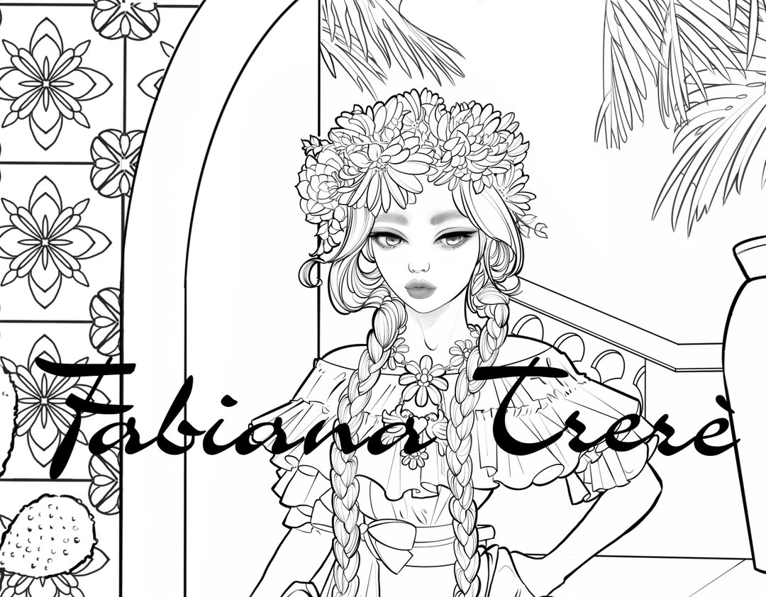 Mexican Princess , Digital Stamp, Coloring Page, Line Art, Flowers ...