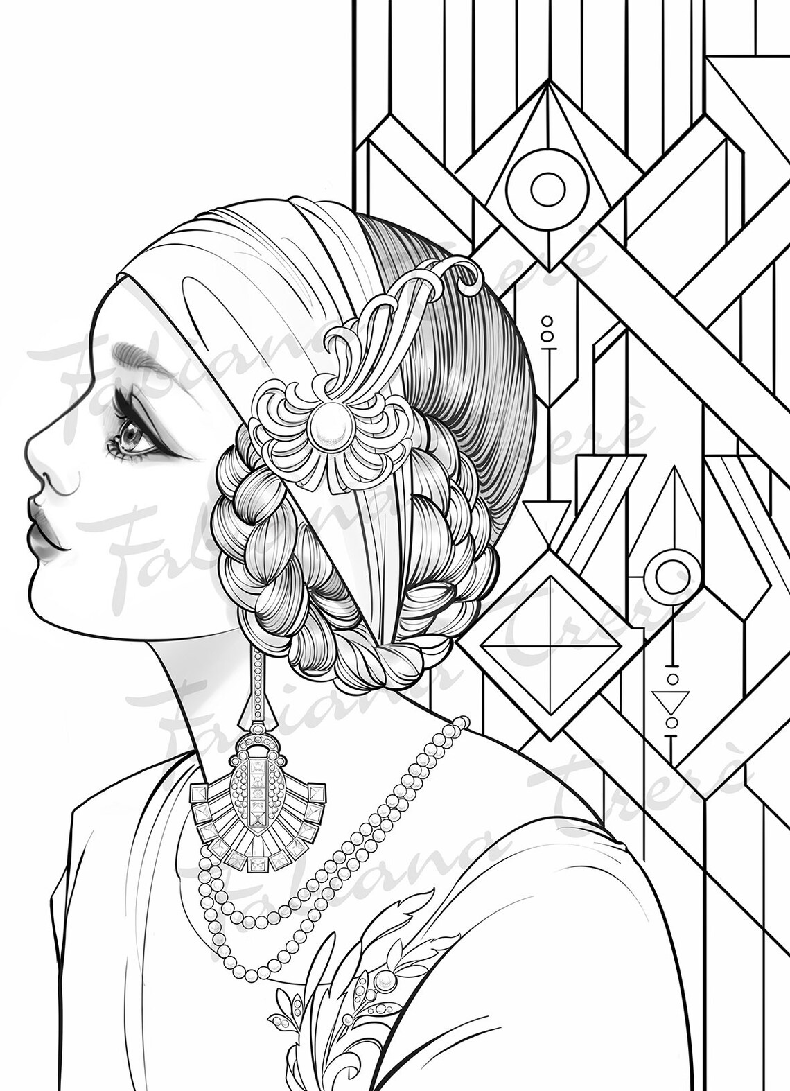 Art Deco Princess - Coloring Page - Line Art - Digital Stamp - Coloring ...