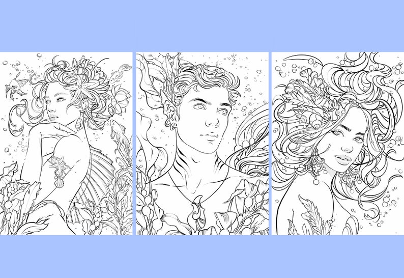 Mermaid bundle 13 pages coloring book, fantasy, fairytale line art ...