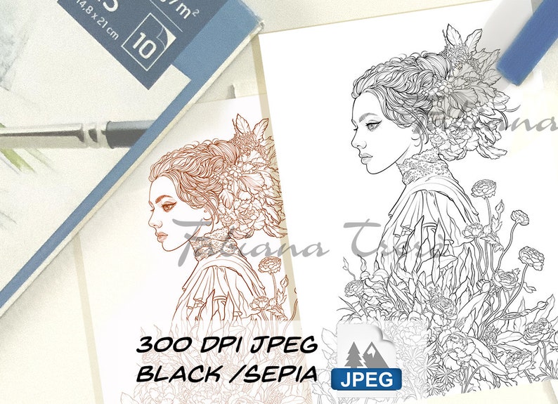 Edwardian Girl, Grayscale, Line Art Digital Stamp, Coloring Page, Line ...