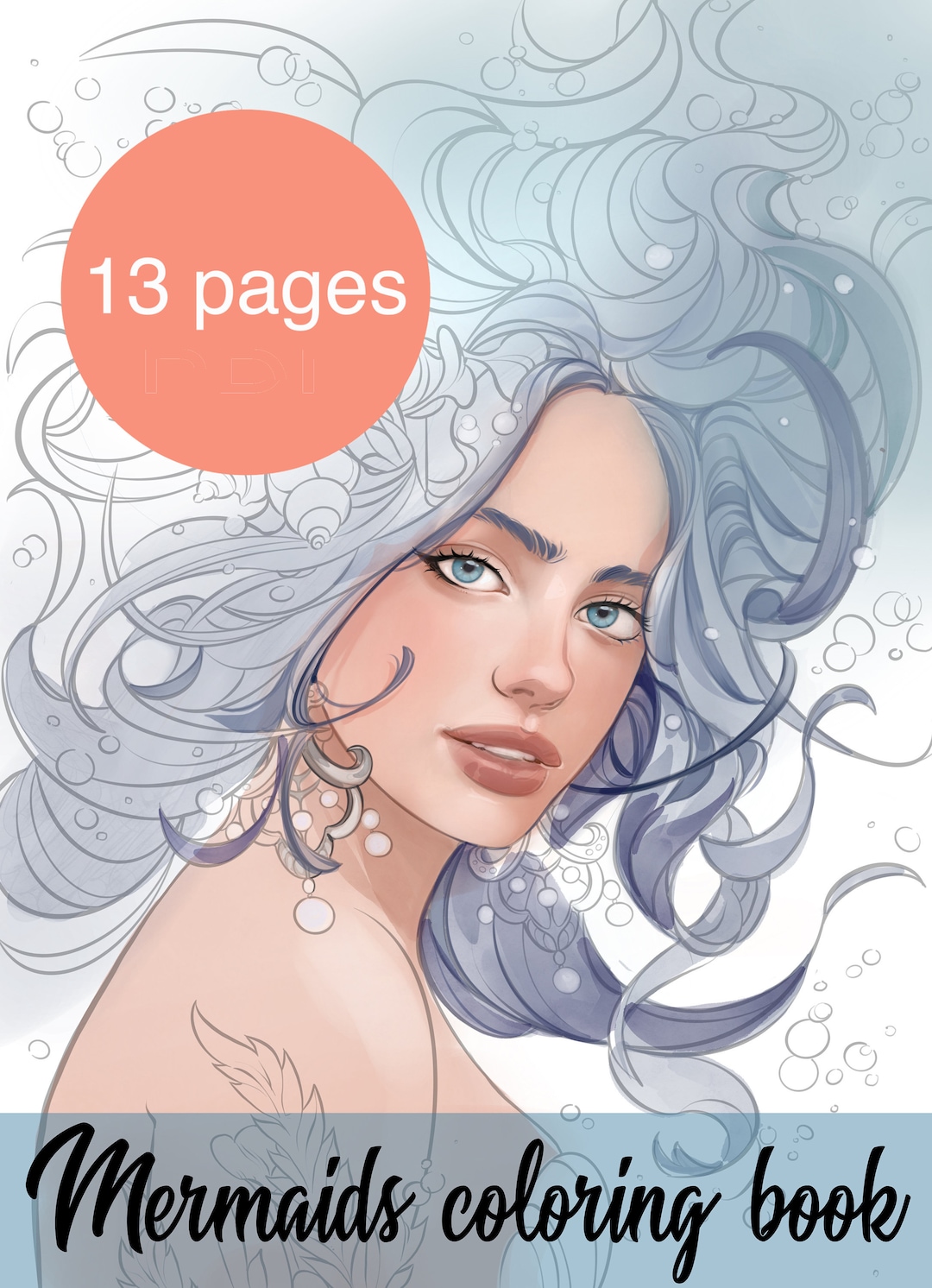Mermaid bundle 13 pages coloring book, fantasy, fairytale line art ...
