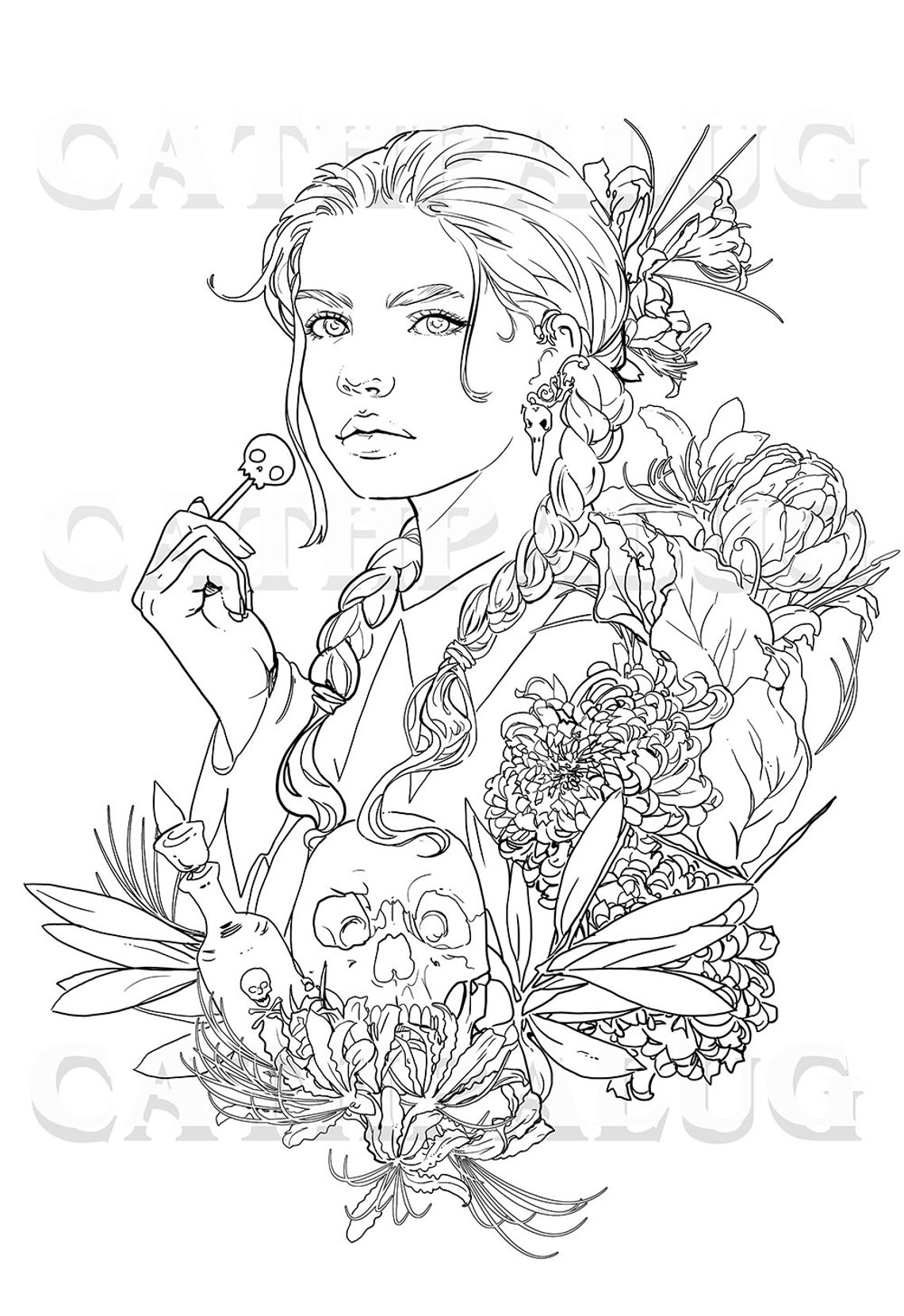 Macabre Girl Coloring Page Halloween Skull Flowers Line - Etsy