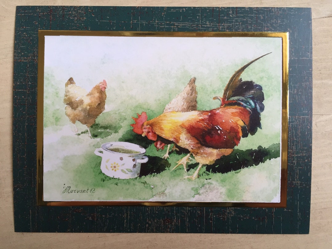 Old Saucepan_the Rooster, the Hens_note Cards_13.9 Cm X 10.7 Cm ...