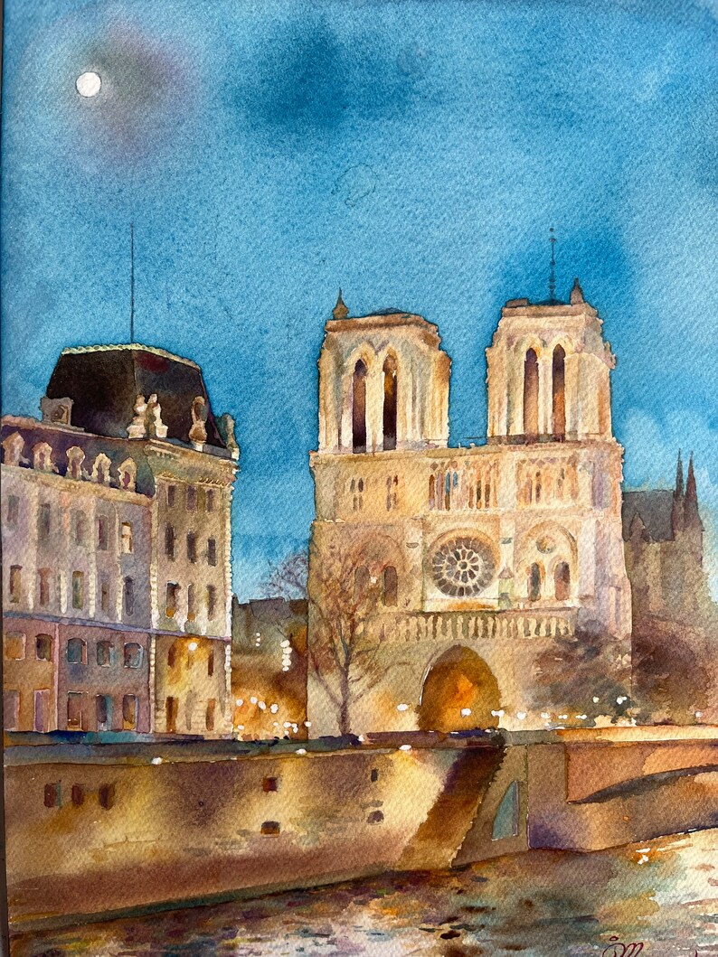 Paris. Notre-dame Cathedral. Night Walk. the Quai De La Seine_aquarelle ...