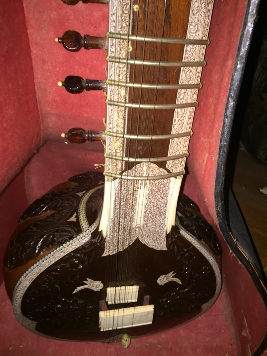 Vintage 60's Hiren Roy Sitar. Beautifully Carved Wood and Bone Inlays ...