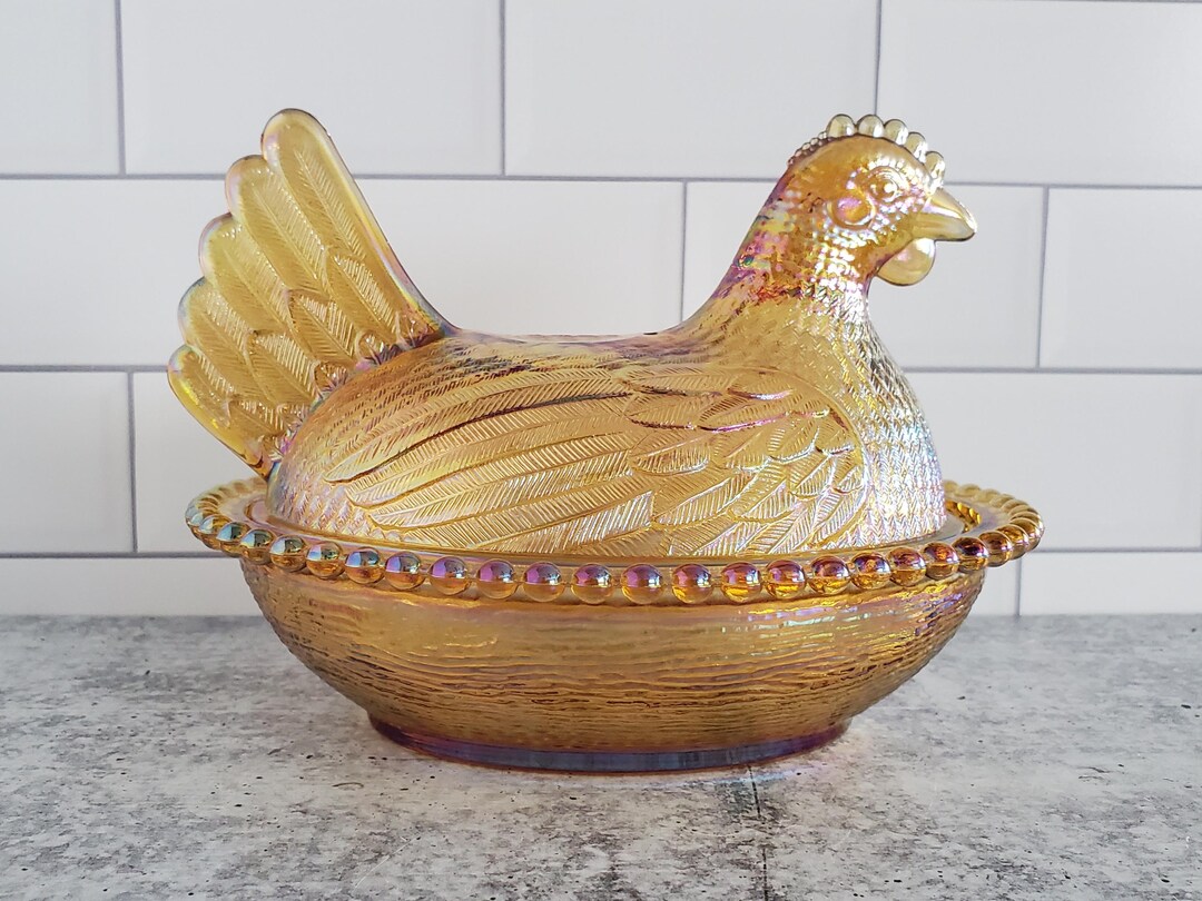 HEN ON NEST ~ Indiana Glass ~ Gold Carnival Glass ~ Covered Candy Dish ...