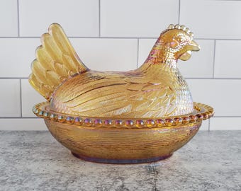 Vintage Indiana Glass Iridescent Hen on Nest, Marigold Carnival Glass ...