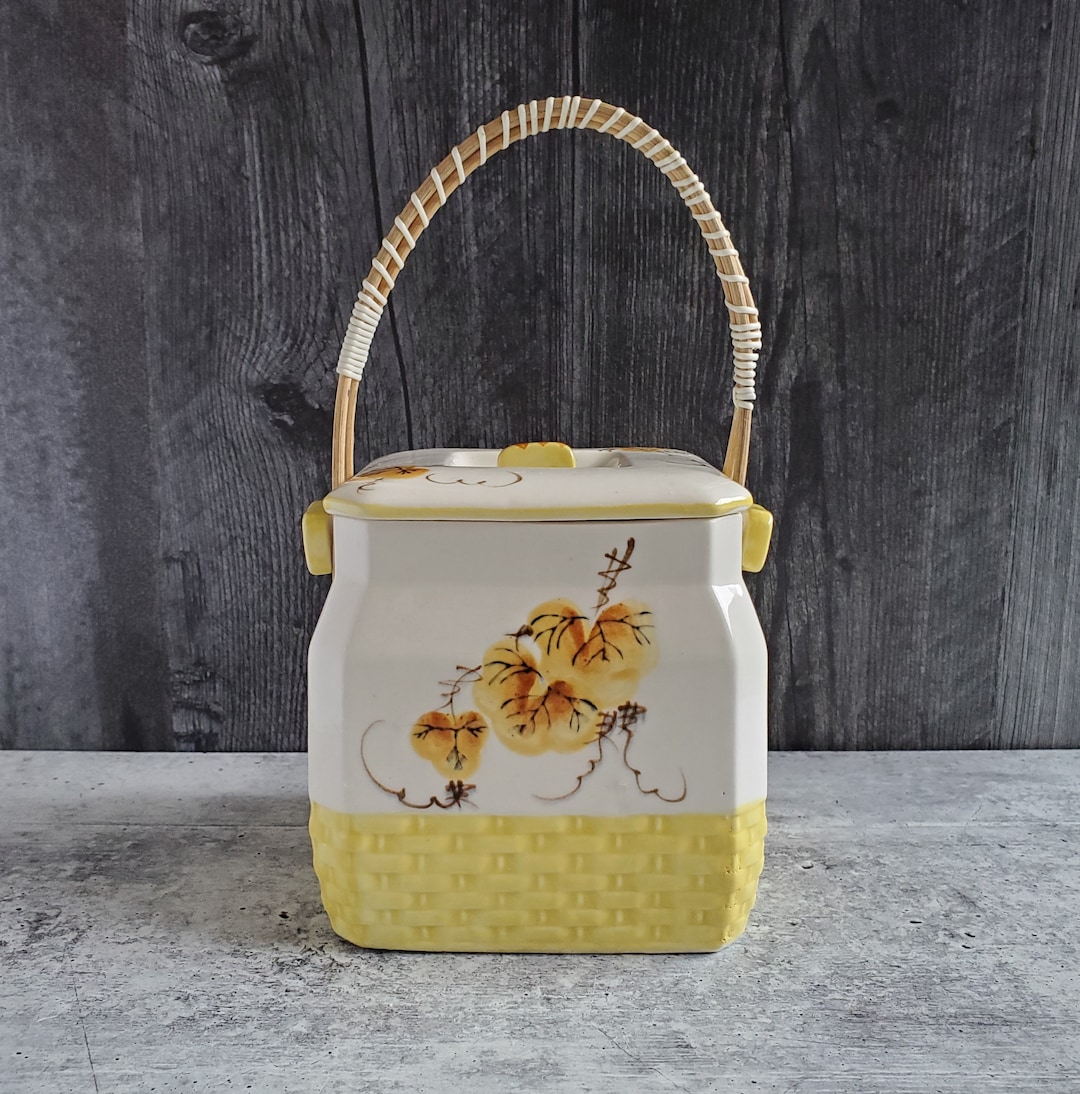 BISCUIT JAR ~ Vintage Cookie Jar ~ Handled Cookie Jar ~ Basket Weave ...