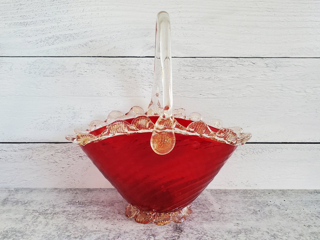 MURANO GLASS BASKET ~ Golden Crown ~ E & R Italy ~ Ruby Red Glass ...