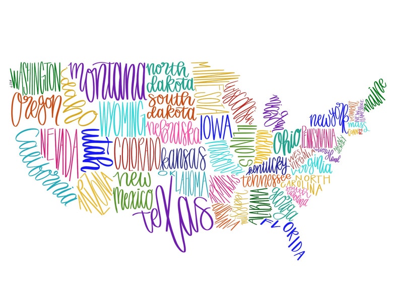USA Calligraphy Map America Art American United States Decor | Etsy