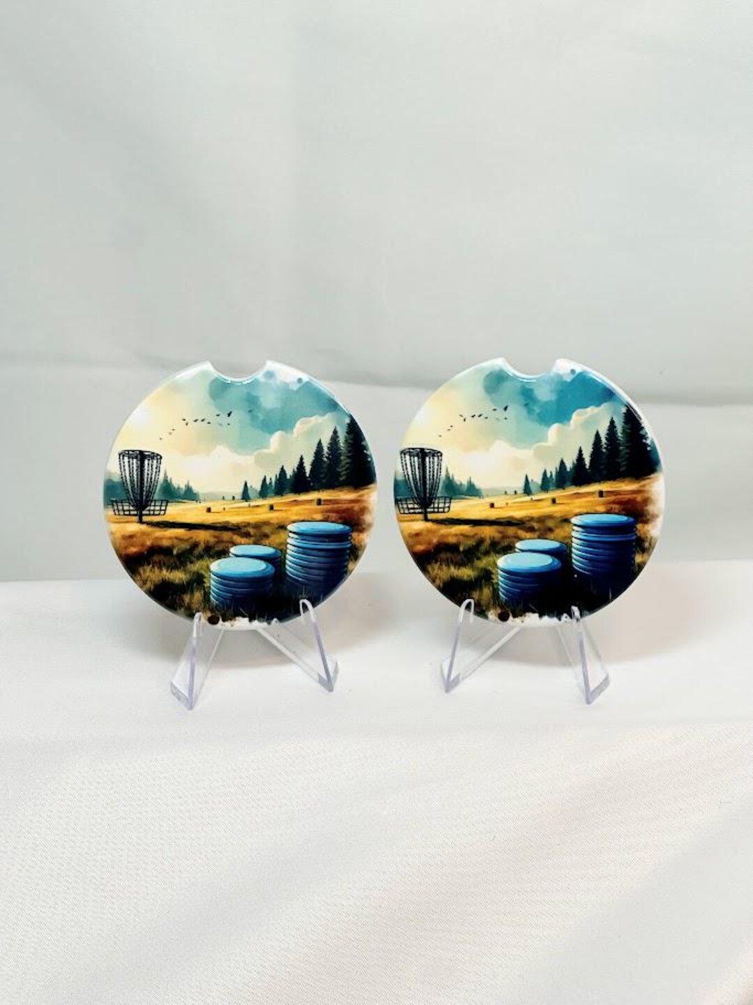 Two Ceramic Disc Golf Scenery Car Coasters, Disc Golf Car Accessory ...