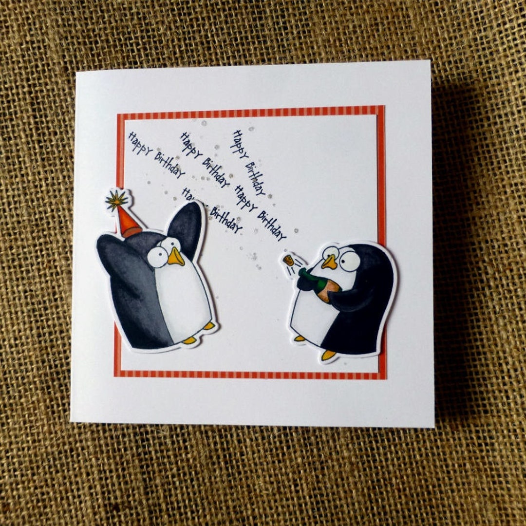 Funny Penguin Birthday Card: Champagne Celebration, Handmade - Etsy UK