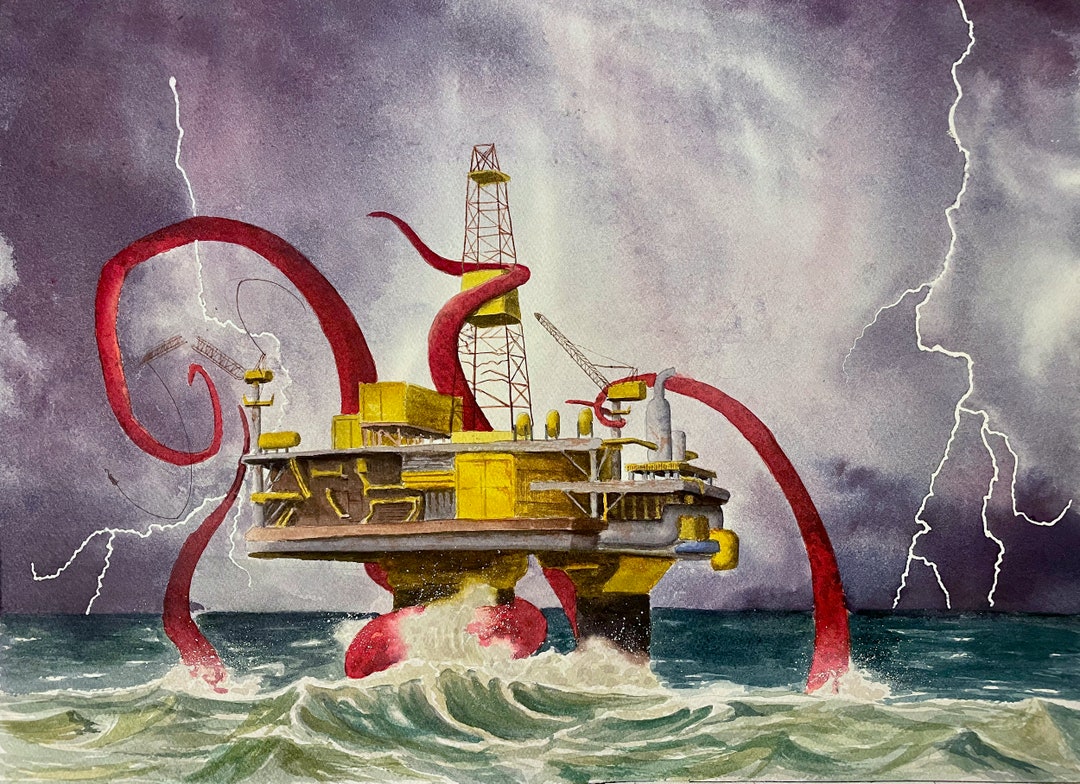 Kraken Attacking a Deep Sea Oil Rig | Giant Squid Tentacles Fantasy Sea Monster Watercolor ...