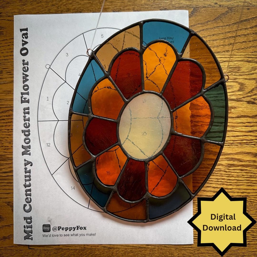 Stained Glass Pattern - DIGITAL FILE (pdf Png) - Oval Retro Flower MCM ...