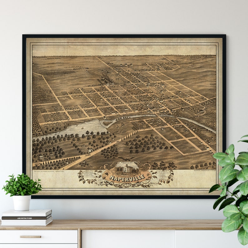 1869 Naperville Illinois Birds Eye View Print: Vintage Aerial Map Art ...