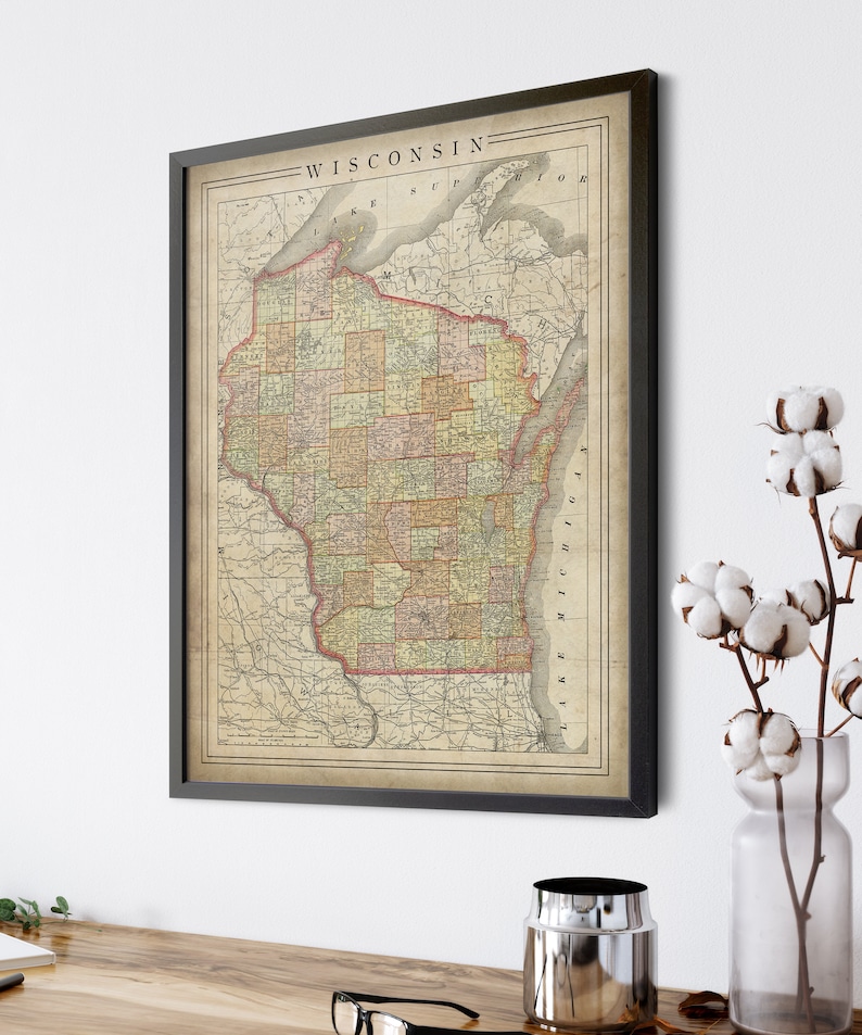 1897 Wisconsin Map Print: Vintage State Wall Art - Etsy