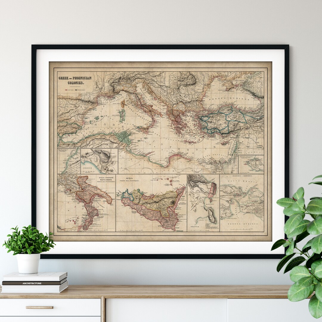 1872 Greek & Phoenician Colonies Map With Sicily and Greece Inlays ...