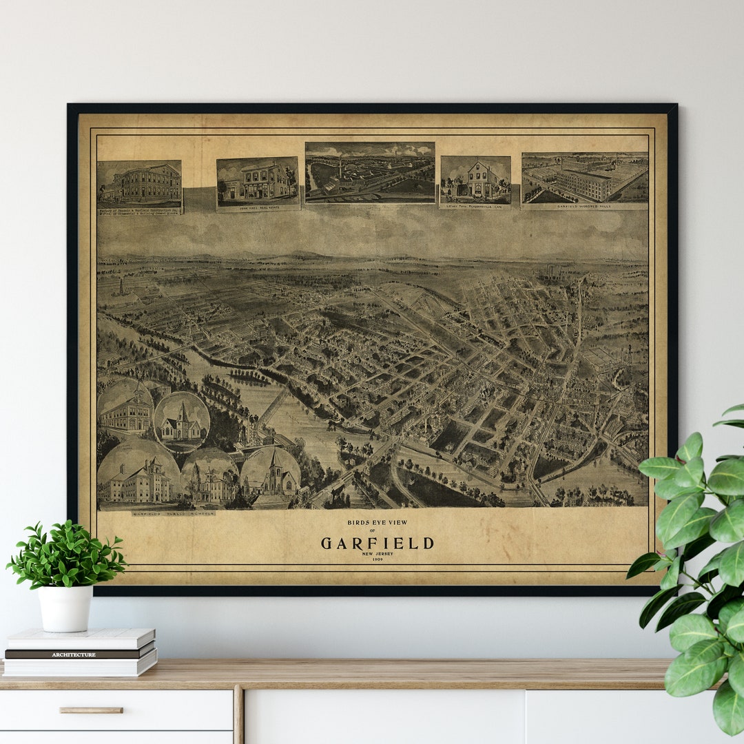 1909 Garfield New Jersey Birds Eye View Print: Vintage Aerial Map Art ...