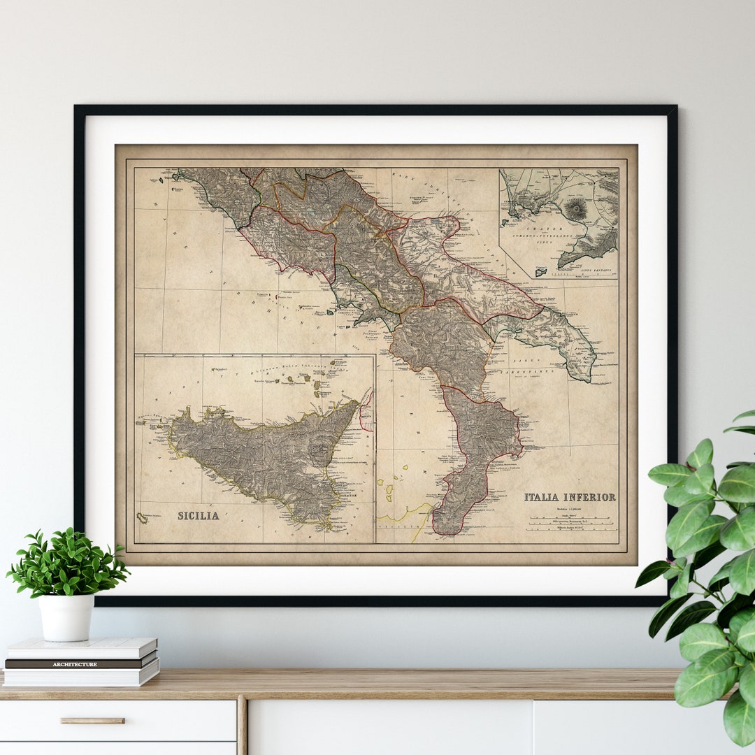 1874 Lower Italy Map Print - Vintage Sicily Map Art, Antique Map, Old ...