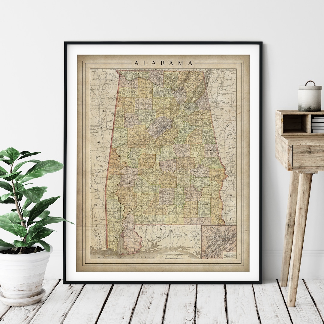 1897 Alabama Map Print, Vintage Map Art, Antique Map, Old Maps, Alabama ...