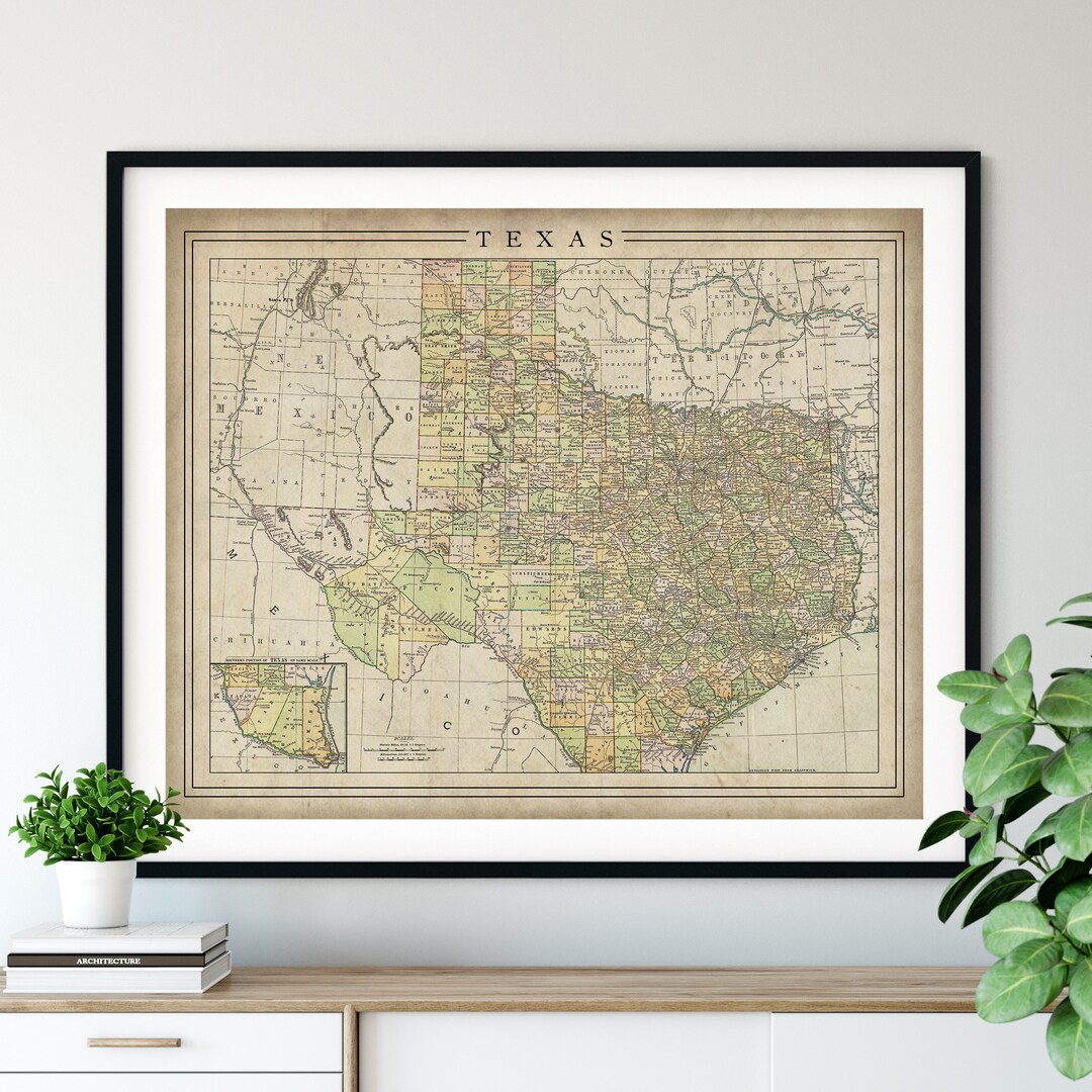 1897 Texas Map Print, Vintage Map Art, Antique Map, Old Map, Texas Wall ...