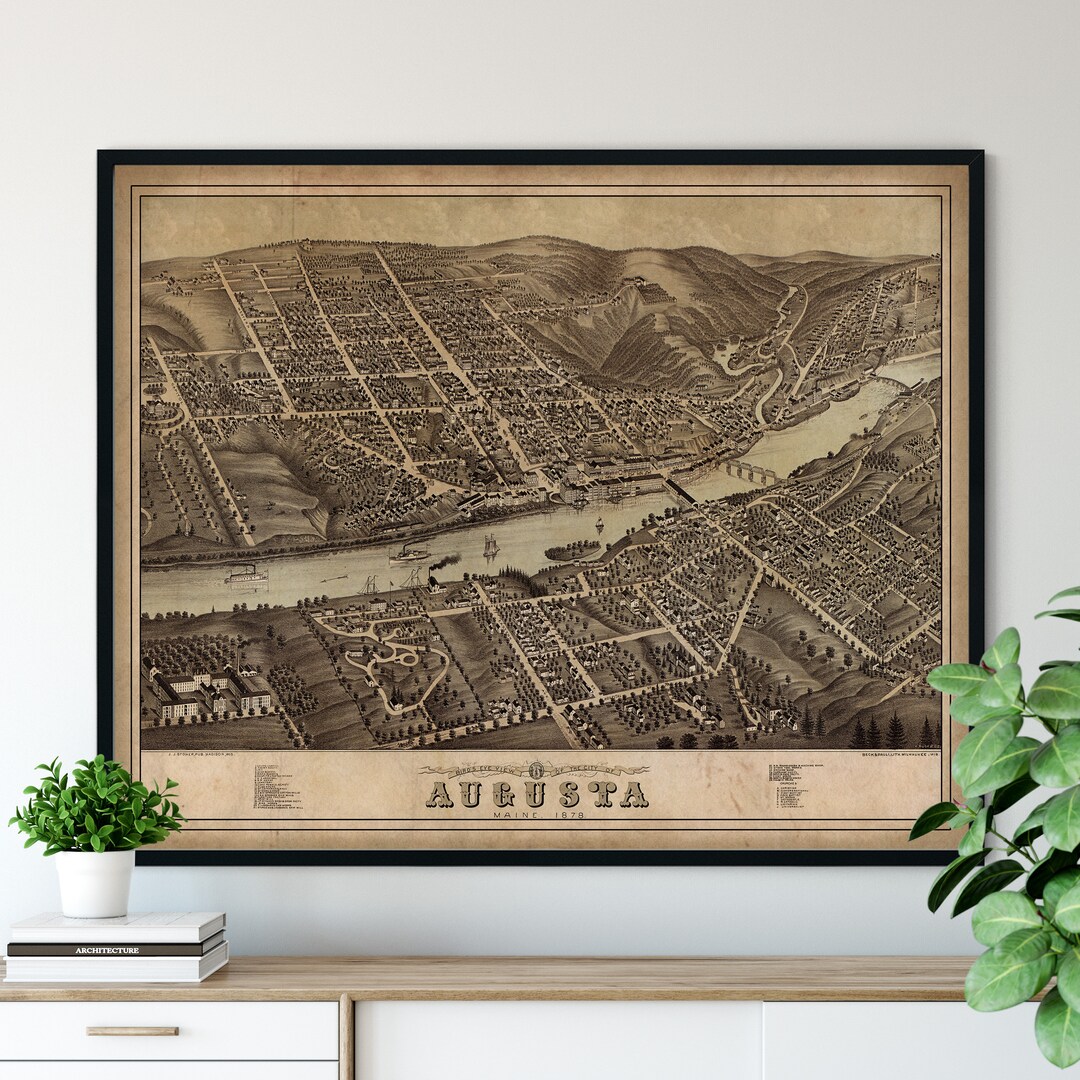 1879 Augusta Maine Birds Eye View Print: Vintage Aerial Map Art - Etsy