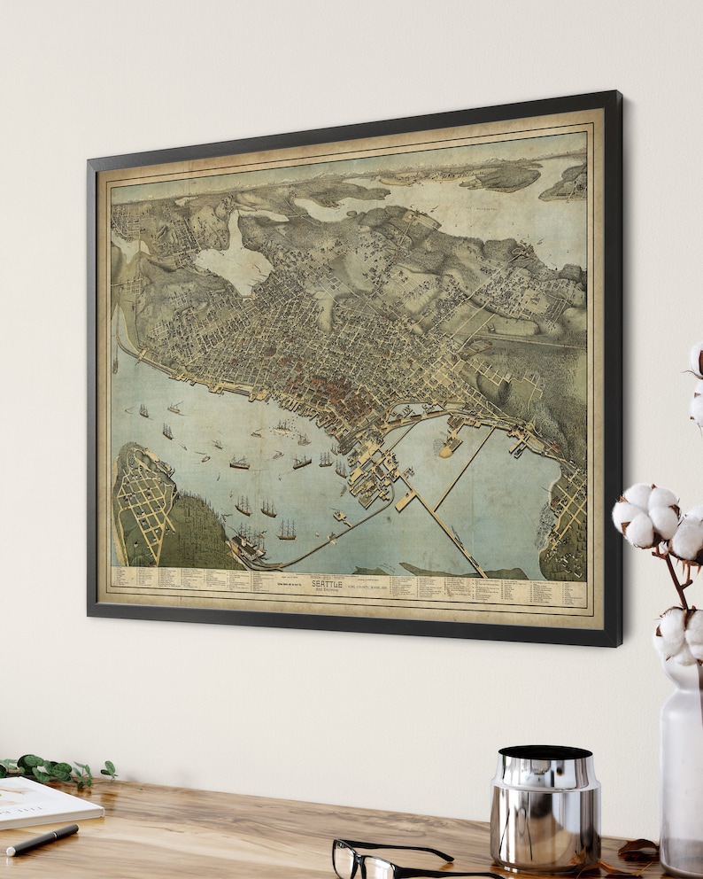 1890 Seattle Washington Birds Eye View Print Vintage Map - Etsy