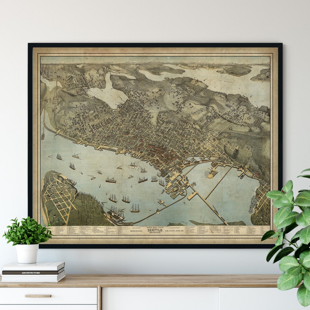 1890 Seattle Washington Birds Eye View Print - Vintage Map Art, Antique ...