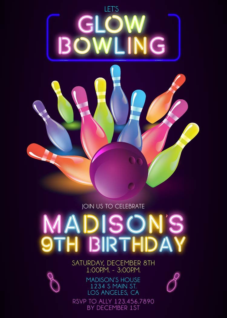 Digital Neon Bowling Birthday Invitation. Sports Birthday. | Etsy
