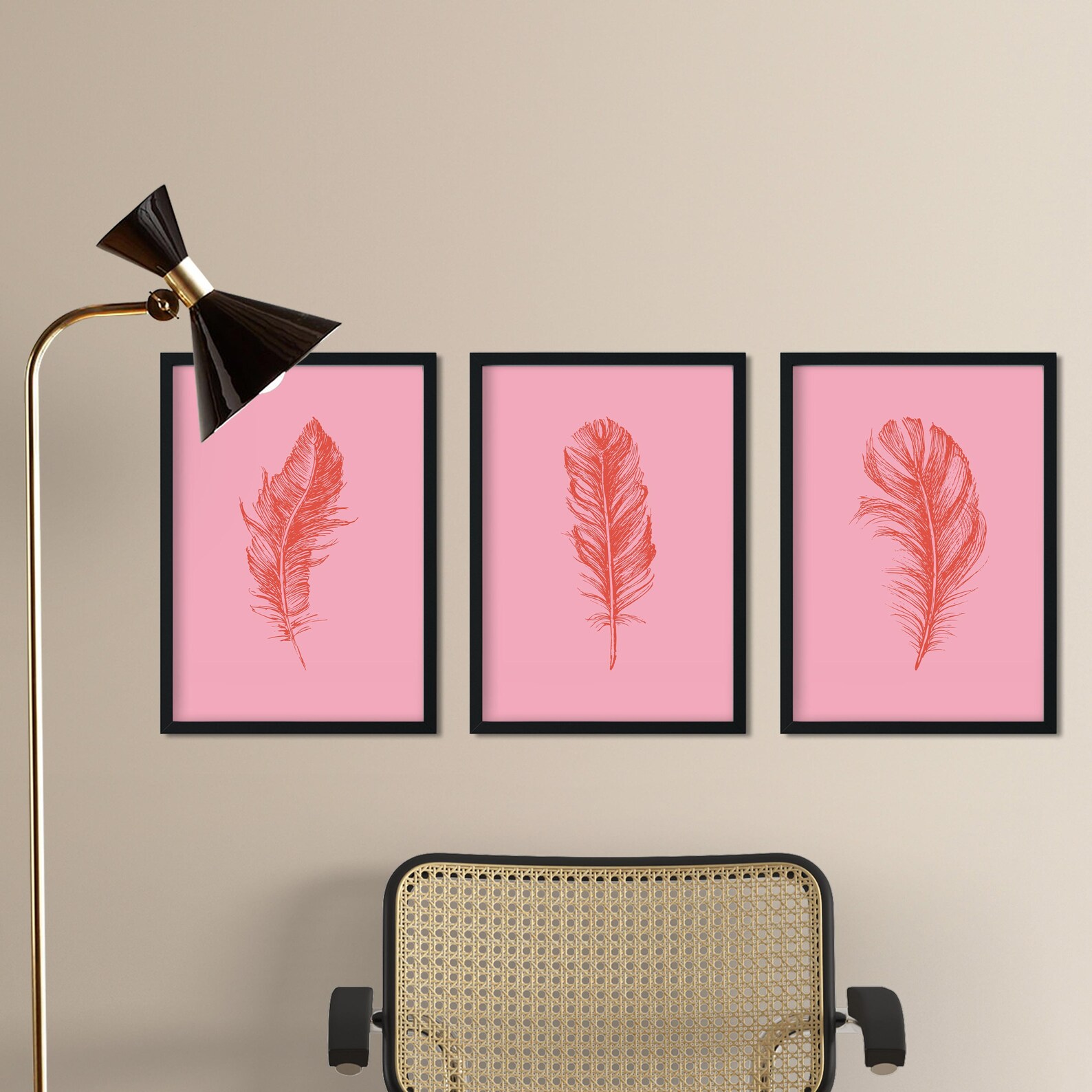 Set of Prints, Pink Art Prints, Pink Print Set, Feather Prints, Art ...