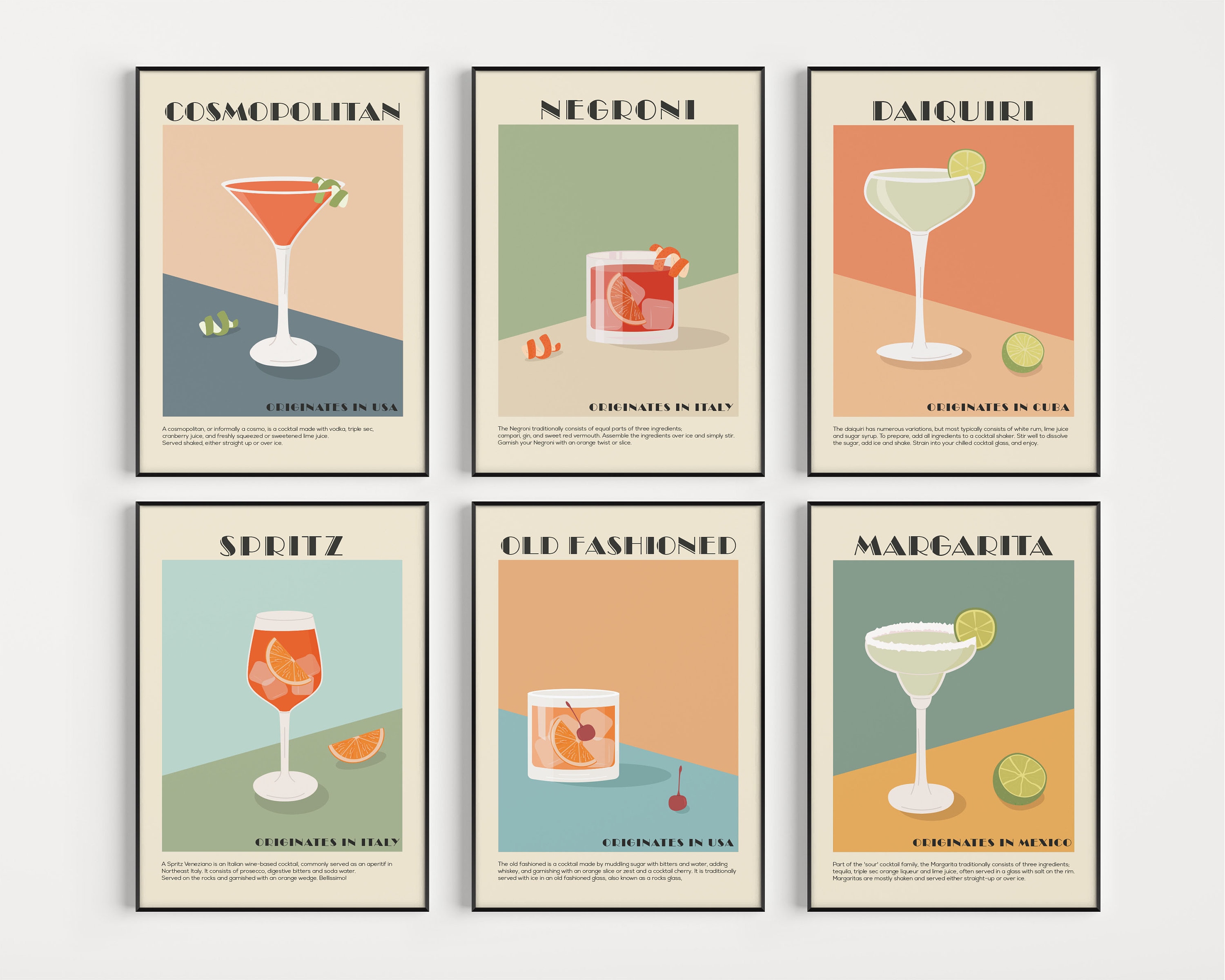 Cocktail Print Set of 6 Prints, Mid Century Modern, Prints for Kitchen ...