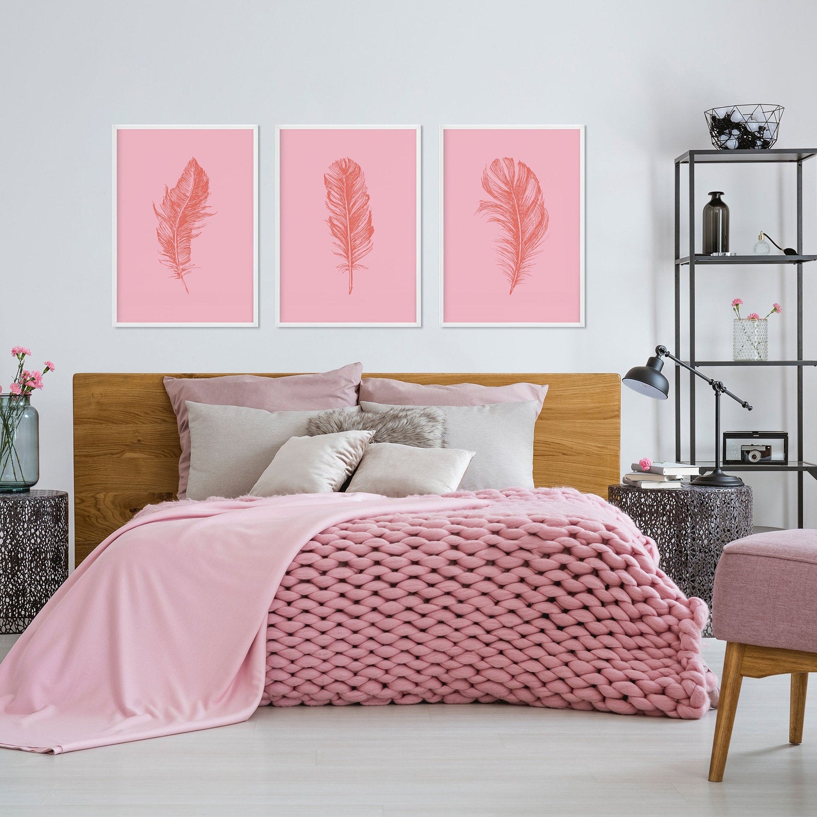 Set of Prints, Pink Art Prints, Pink Print Set, Feather Prints, Art ...