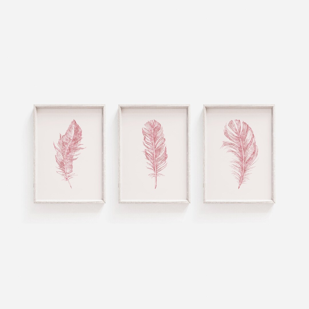 Feather Print Set, Pink Art Set, Set of 3 Prints, Feather Prints, Art ...