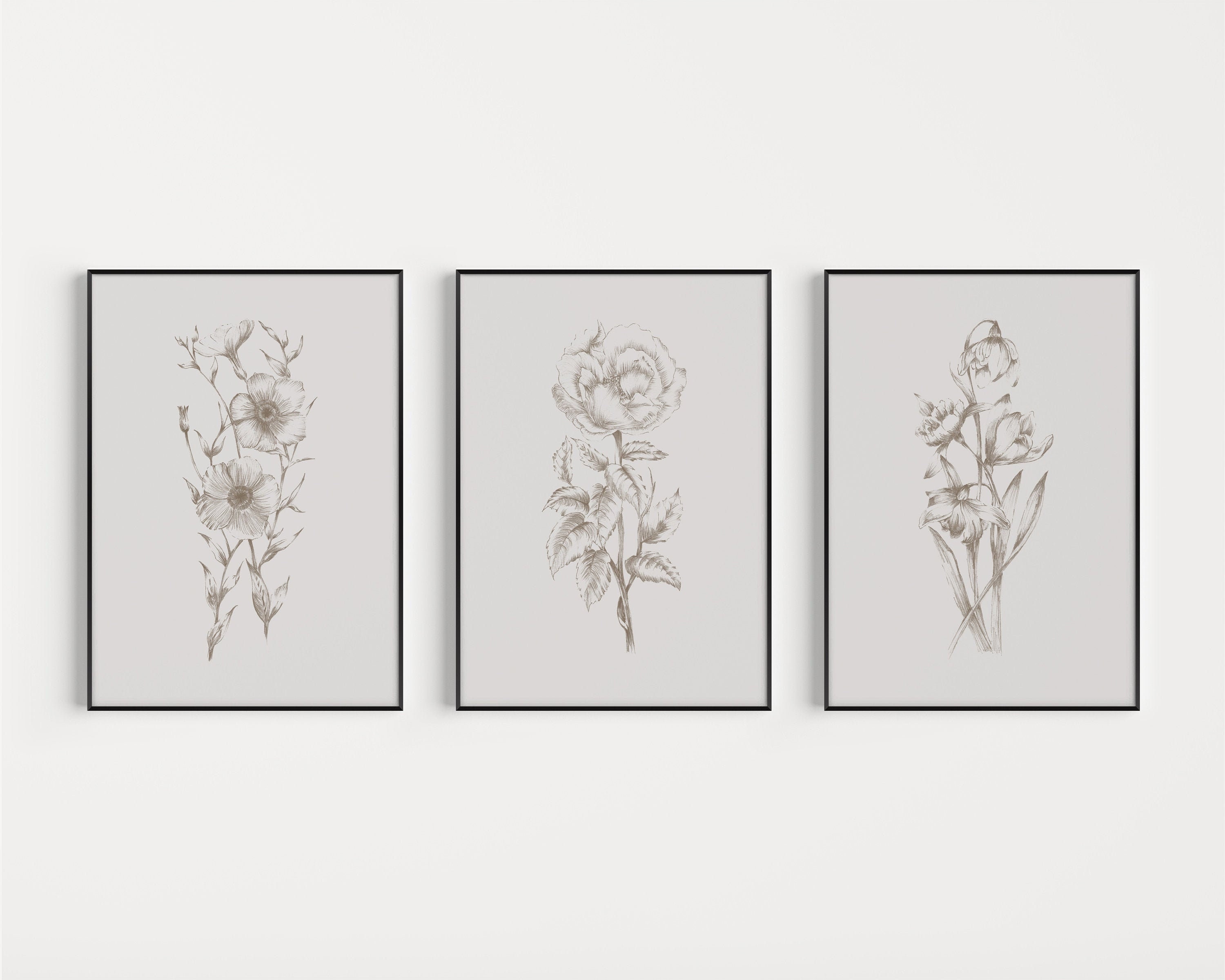Set of Prints, Grey Print Set, Wall Art Set, Grey Prints, Flower Print ...