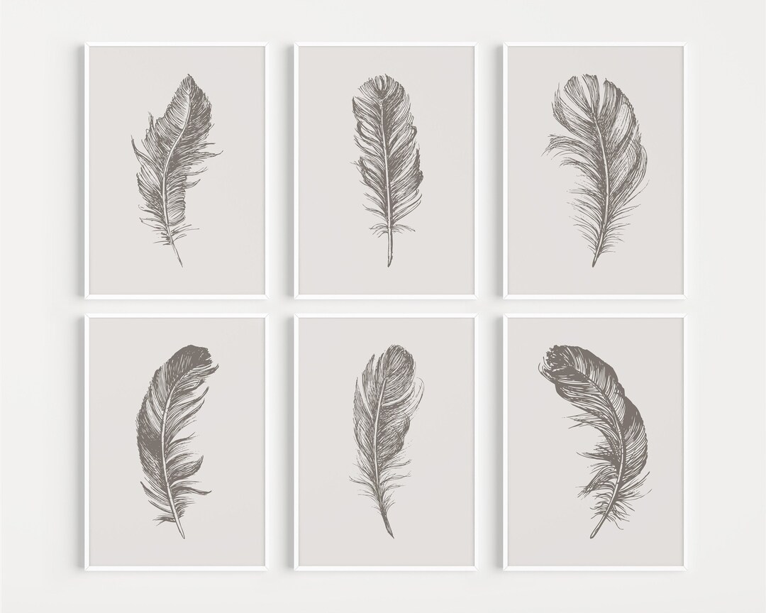 Feather Print Set, Wall Art, Grey Print Set, Set of Prints, Wall Art ...