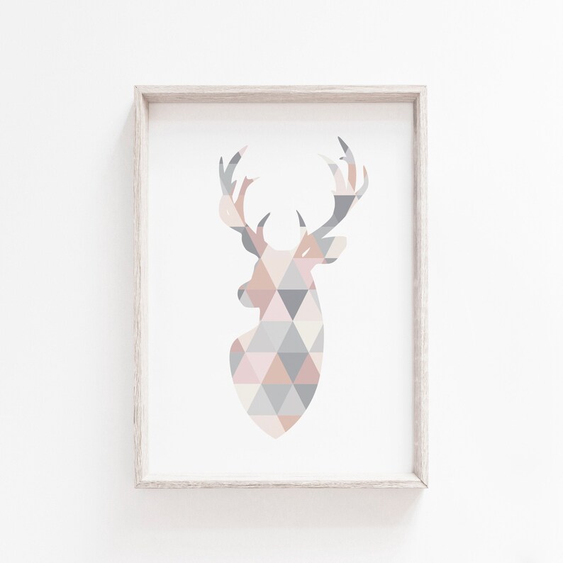 Stag Wall Art Geometric Wall Art Pink Grey Stag Print - Etsy