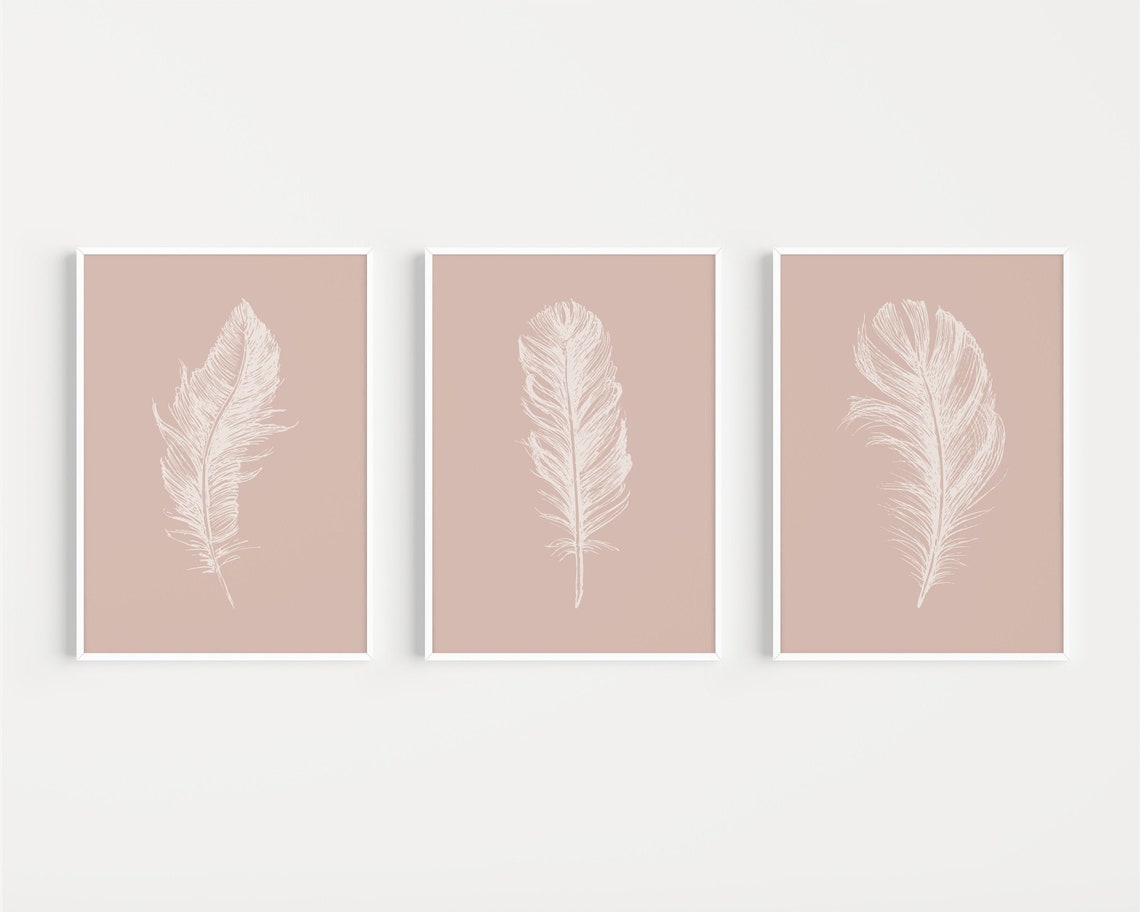Feather Print Set, Set of Prints, Wall Art Set, Pink Wall Art Set ...