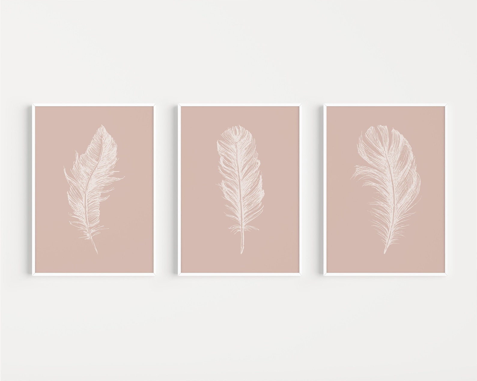 Feather Print Set Set of Prints Wall Art Set Pink Wall Art - Etsy