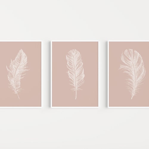 Feather Print Set Set of Prints Wall Art Set Pink Wall Art - Etsy
