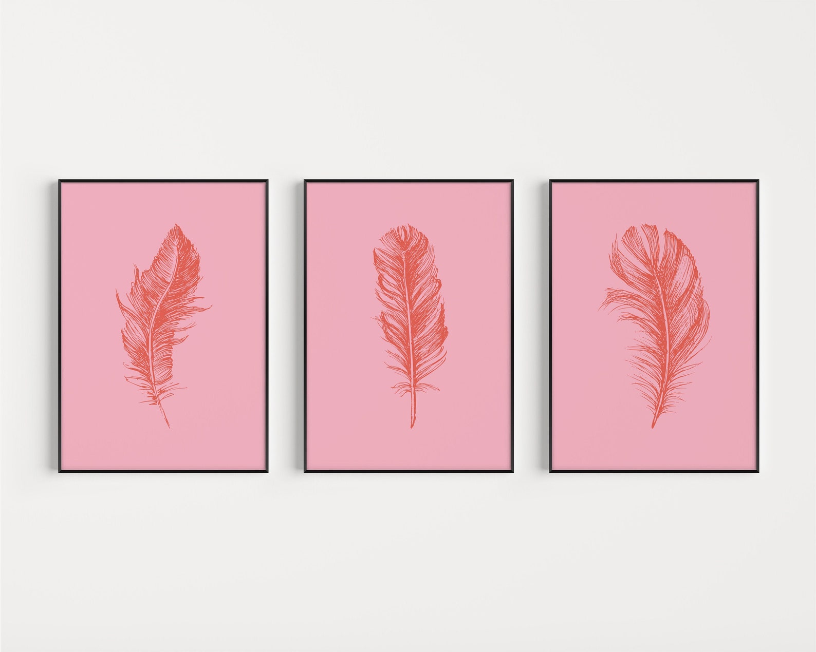 Set of Prints, Pink Art Prints, Pink Print Set, Feather Prints, Art ...