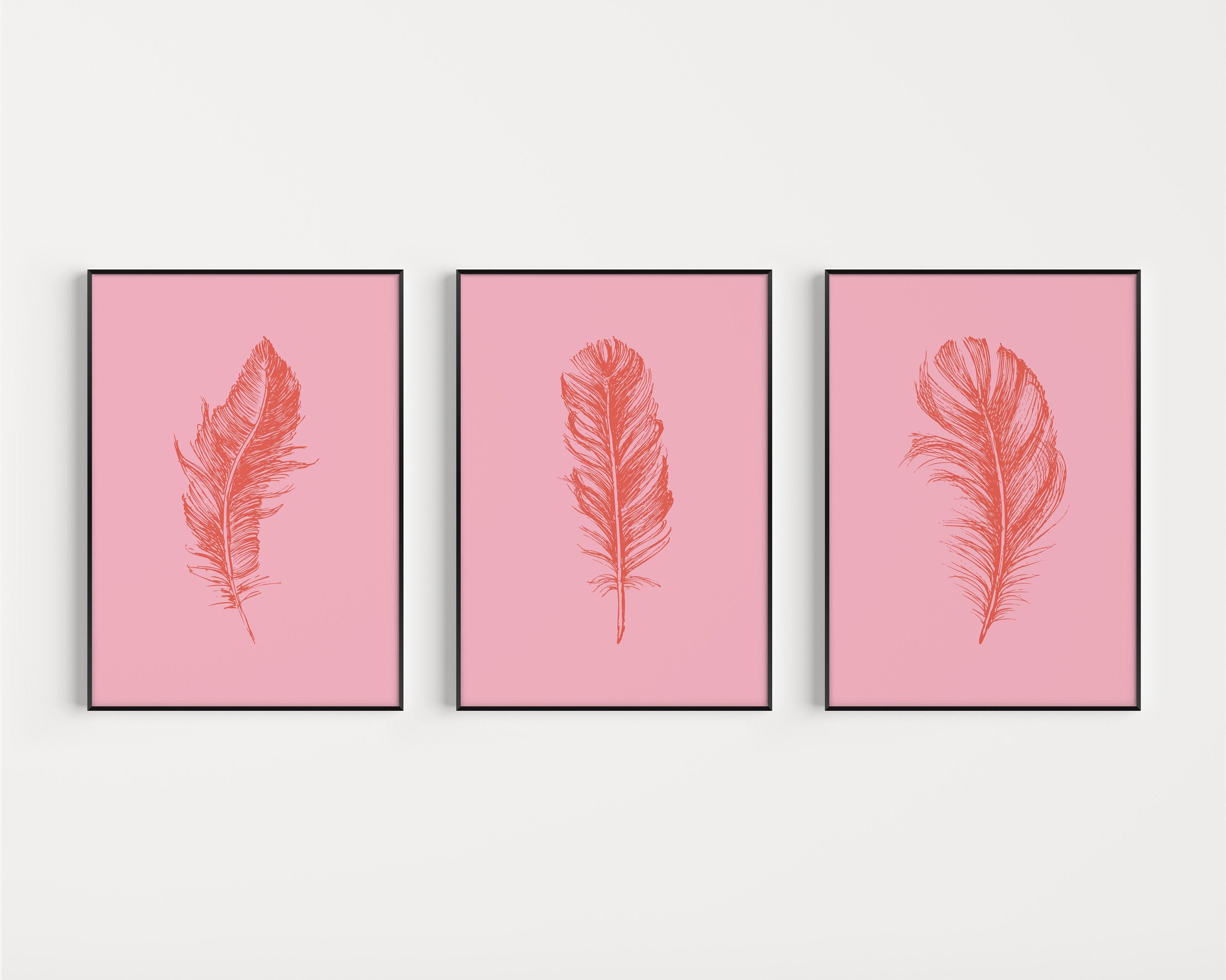 Set of Prints Pink Art Prints Pink Print Set Feather | Etsy