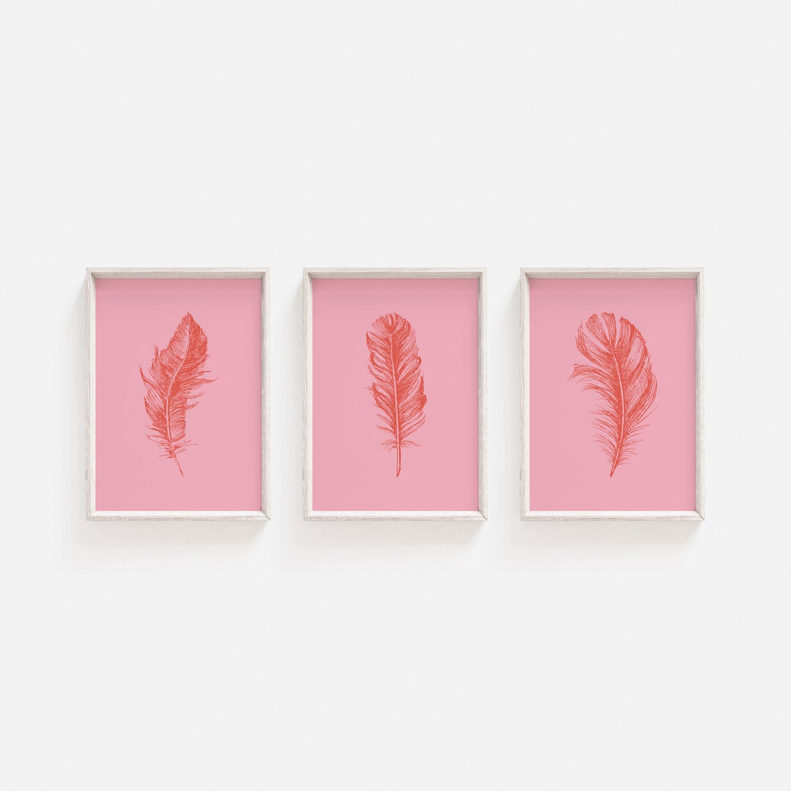 Set of Prints, Pink Art Prints, Pink Print Set, Feather Prints, Art ...