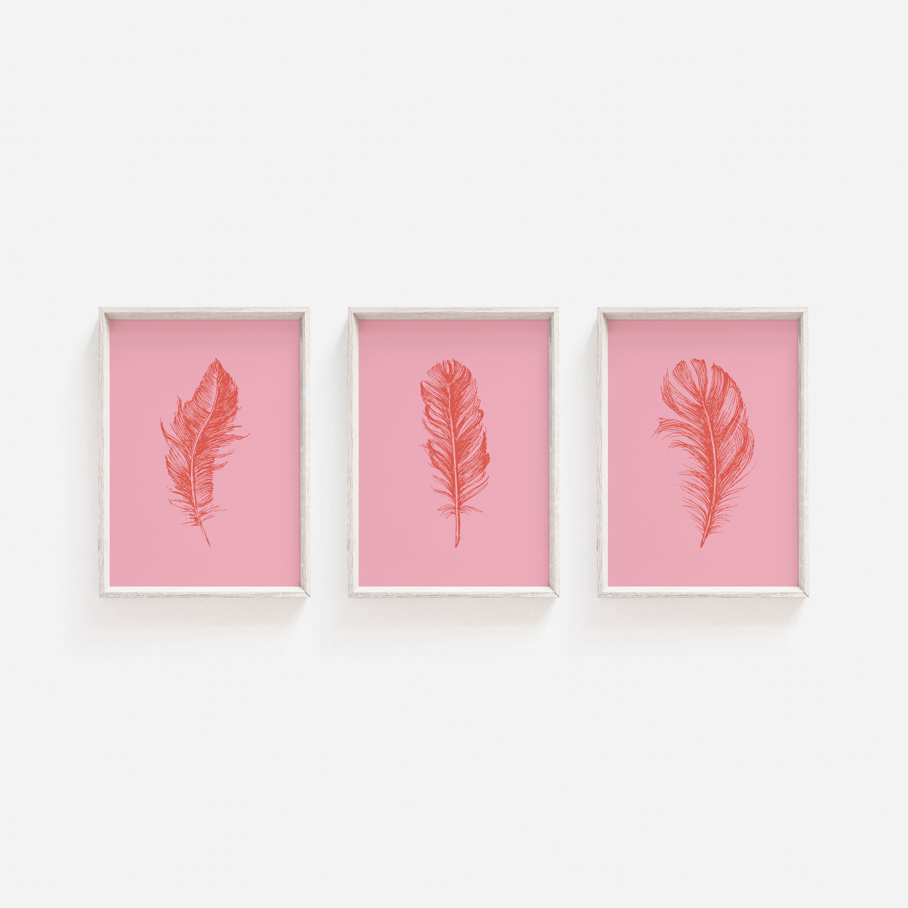 Set of Prints Pink Art Prints Pink Print Set Feather | Etsy
