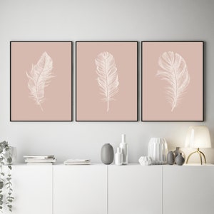 Feather Print Set, Set of Prints, Wall Art Set, Pink Wall Art Set ...