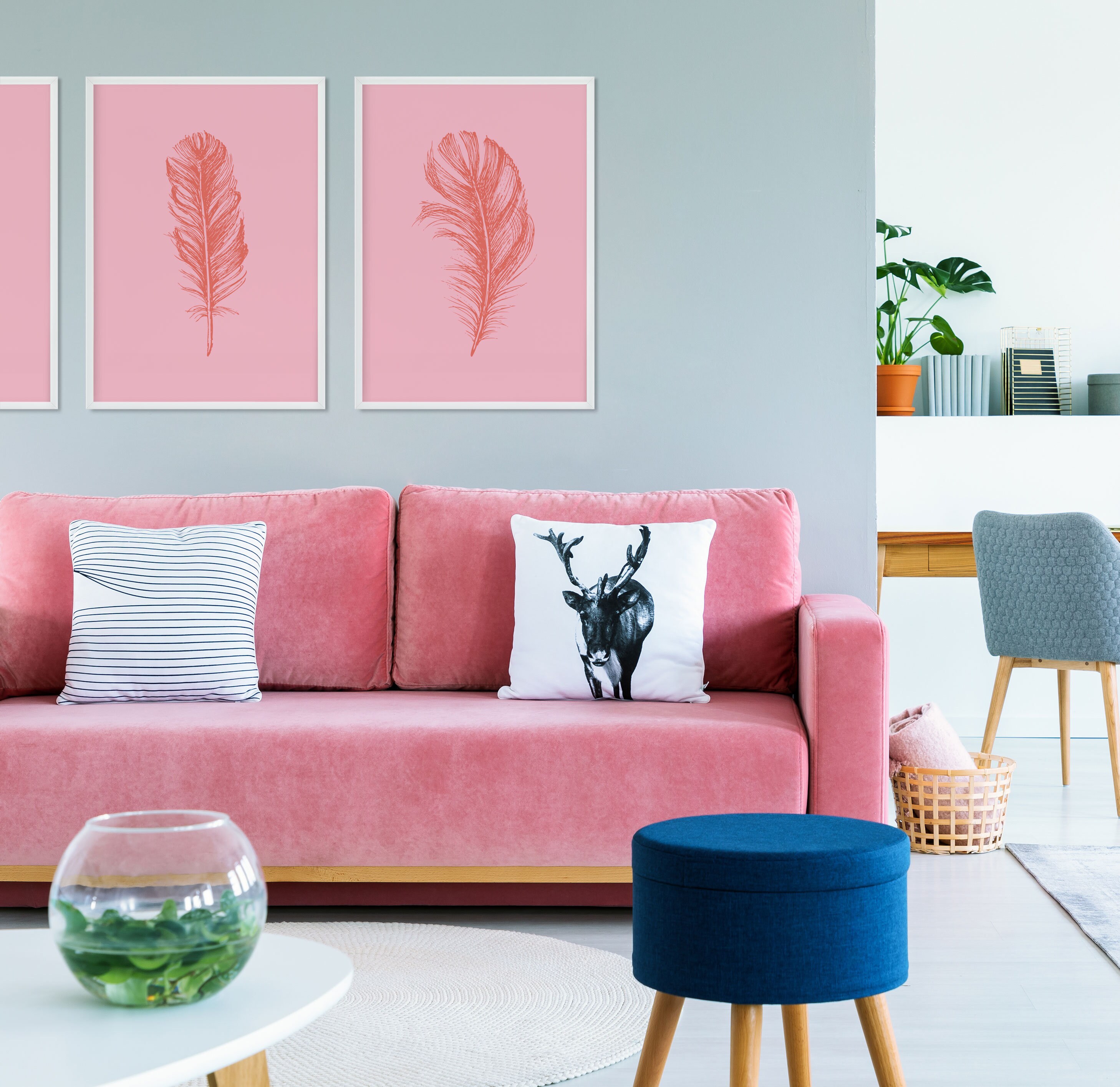 Set of Prints, Pink Art Prints, Pink Print Set, Feather Prints, Art ...