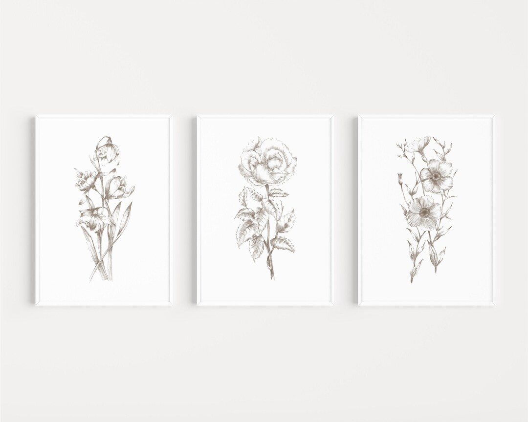 Grey Wall Art, Flower Prints, Grey Prints, Wall Art Set, Set of 3 ...