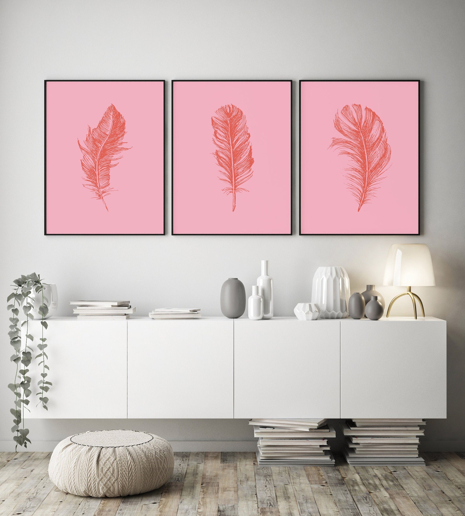 Set of Prints, Pink Art Prints, Pink Print Set, Feather Prints, Art ...