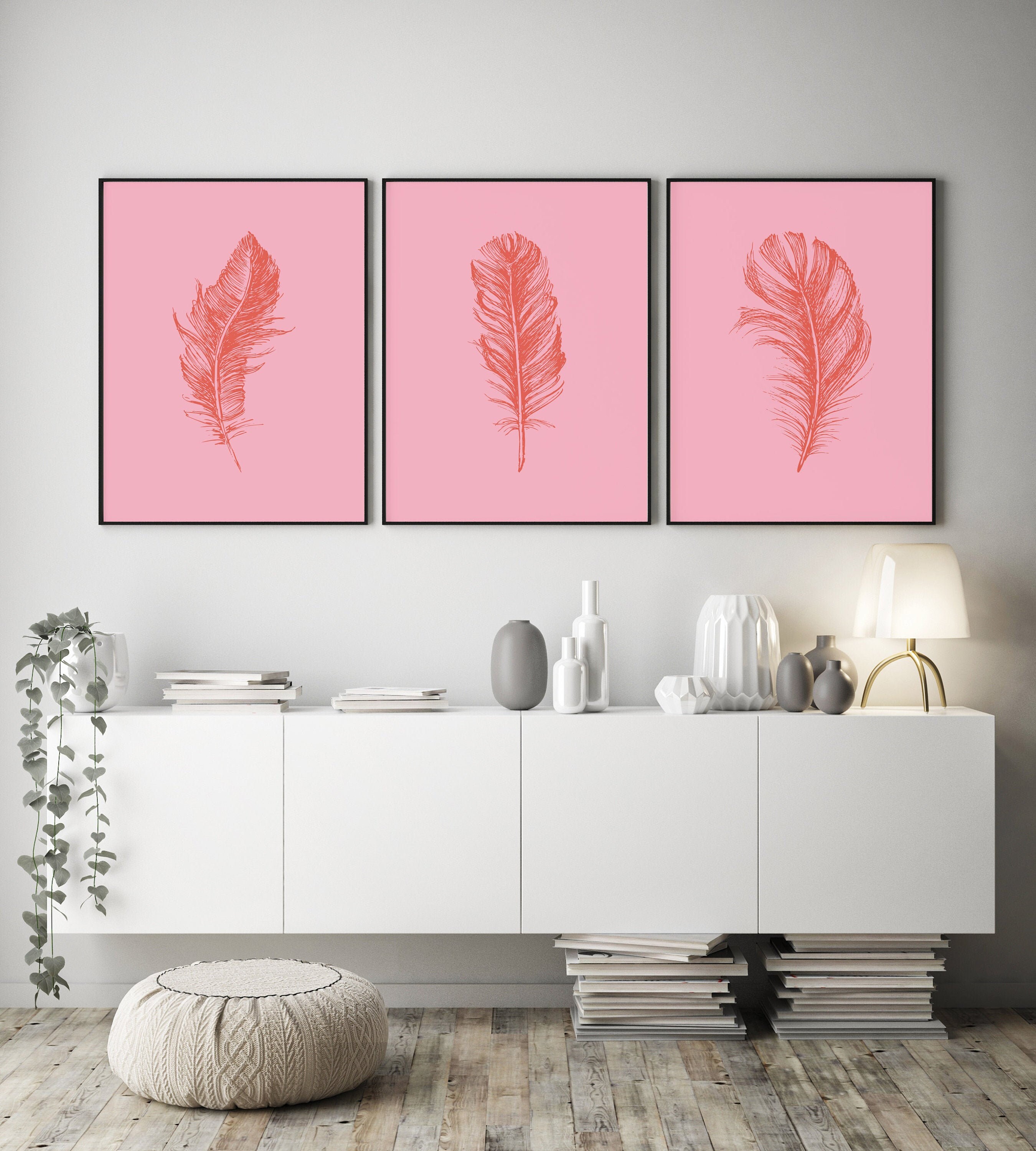 Set of Prints Pink Art Prints Pink Print Set Feather - Etsy UK
