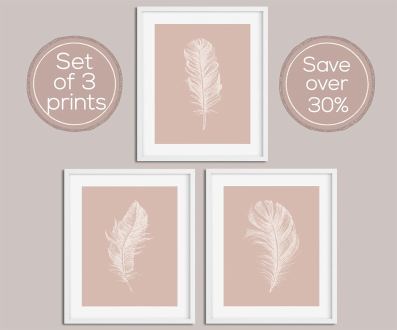 Feather Print Set, Set of Prints, Wall Art Set, Pink Wall Art Set ...